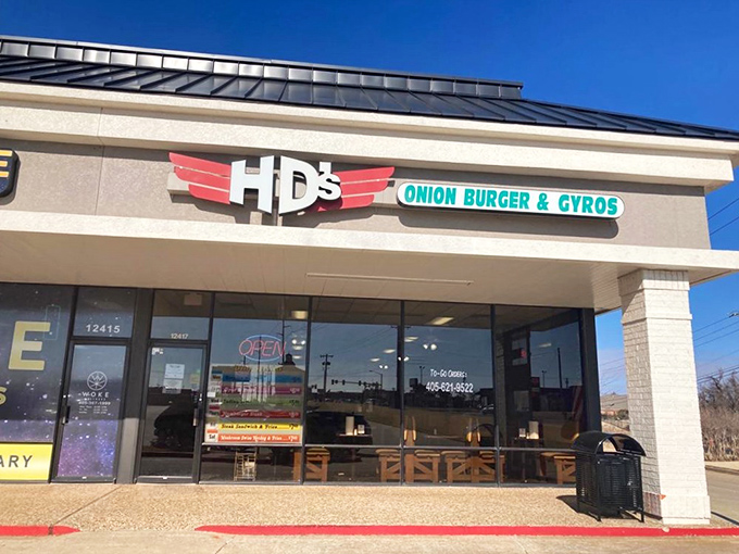 Another angle reveals the promise of "Onion Burger & Gyros" &ndash; two comfort foods from different continents, living in harmony.