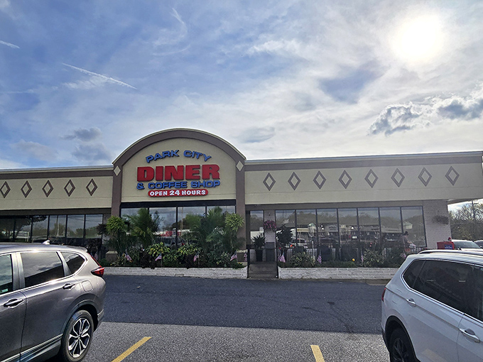 The beacon of breakfast bliss! Park City Diner's iconic fa&ccedil;ade promises 24-hour comfort food that'll make your taste buds do a standing ovation.