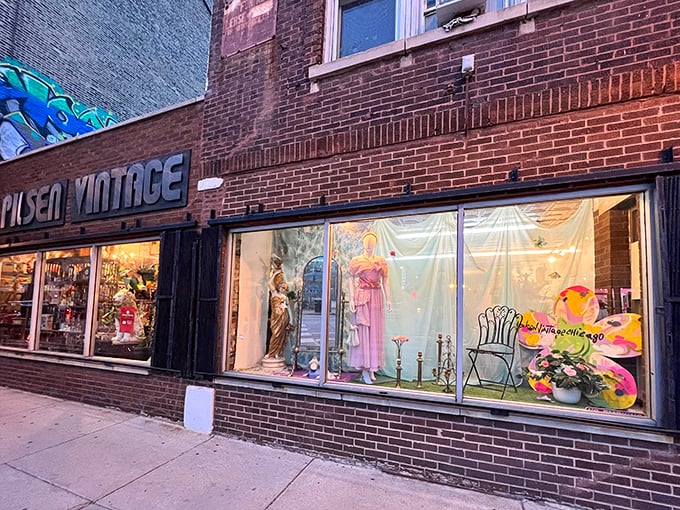 The brick fa&ccedil;ade of Pilsen Vintage might look unassuming, but those window displays are like a siren song for treasure hunters and fashion time-travelers alike.