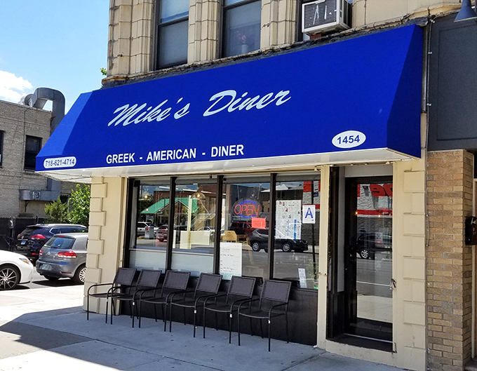 A perfect sunny day for a classic diner visit. Simple chairs are waiting for you to enjoy a taste of local Brooklyn goodness.