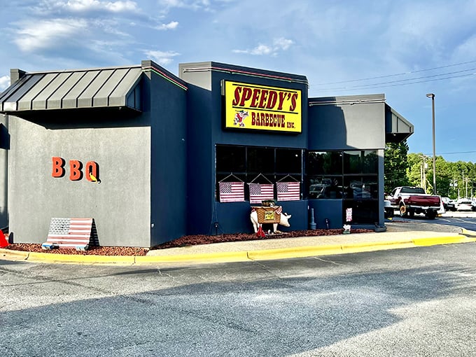 Speedy's blue exterior stands as a humble temple to barbecue greatness, where the simple "BBQ" letters tell you everything you need to know.