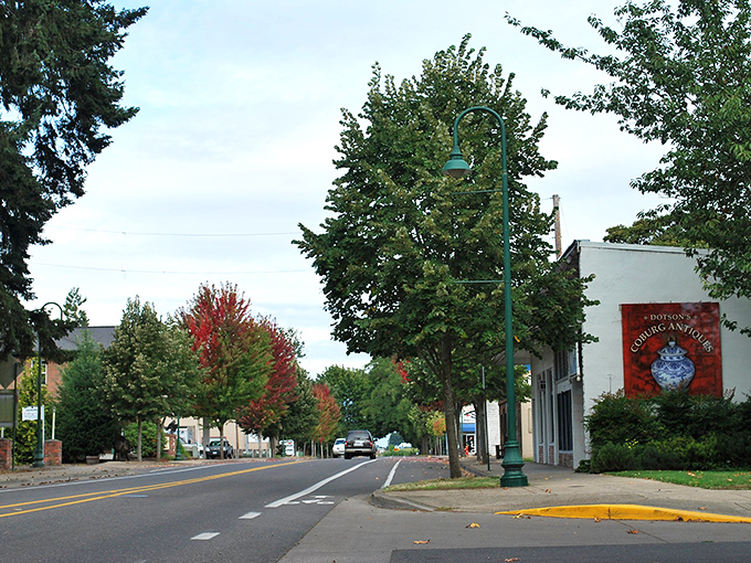 Coburg's tree-lined main street welcomes treasure hunters with its historic charm and the promise of antique shops waiting to be explored.