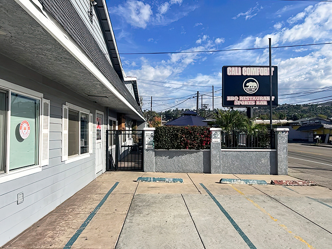 Like finding a hidden treasure map, the Cali Comfort sign promises barbecue riches within &ndash; no pirate's gold could compete with slow-smoked brisket.