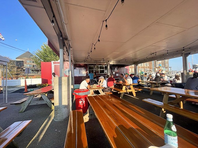 Simple wooden picnic tables under a canopy create the perfect unpretentious stage for seafood that needs no fancy introduction. Ocean views included at no extra charge.