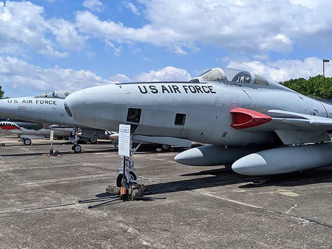 A lineup of military aircraft basking in the Maryland sunshine, like a retirement community for jets that once ruled the skies.
