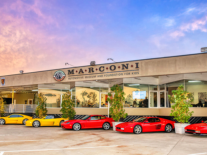 The sunset glow behind the Marconi Museum feels like nature's way of highlighting these Italian masterpieces. Ferrari red never looked so good against a California sky.