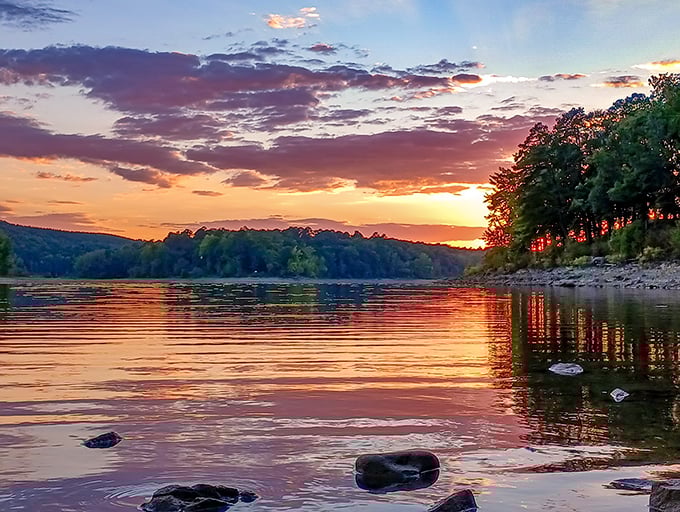 Lake Greeson's sunset performance puts Broadway to shame, painting the water in fiery oranges and pinks that no filter could improve upon.