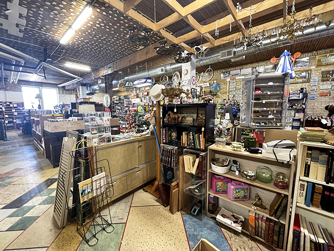 The labyrinth of treasures begins! Vintage display cases and shelves create narrow pathways that beckon you deeper into this time-traveling wonderland.