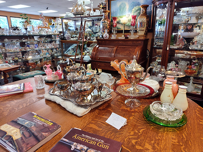 Silver tea sets and delicate glassware await new homes at Avenues Antiques. Like a museum where everything's for sale, this treasure trove invites careful exploration.