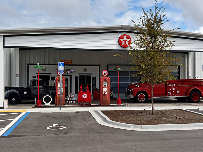 The museum's exterior perfectly recreates a vintage Texaco station, complete with those iconic red pumps that make you nostalgic for an era you might not even remember.