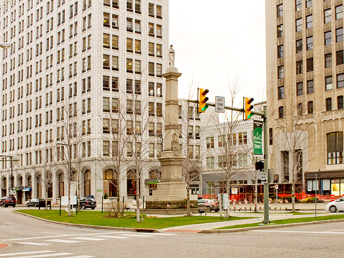 Downtown Youngstown's Central Square, where Art Deco architecture and history converge like old friends catching up after decades apart.