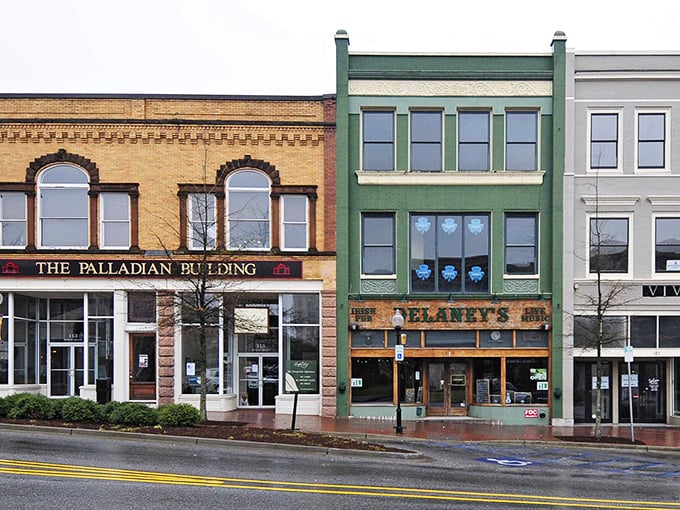Historic downtown Spartanburg showcases its architectural character with the Palladian Building and Delaney's Irish Pub standing as colorful neighbors on Main Street.