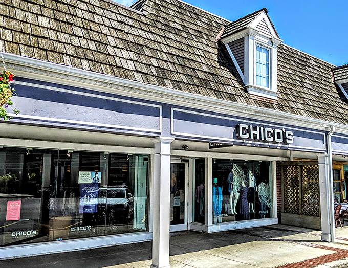 Chico's storefront brings East Coast architectural flair to the Midwest, proving you don't need a passport to experience that New England shopping village vibe.