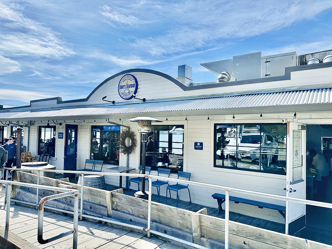 The crisp white exterior gleams against the blue California sky, a beacon for hungry travelers seeking maritime treasures in Marshall.