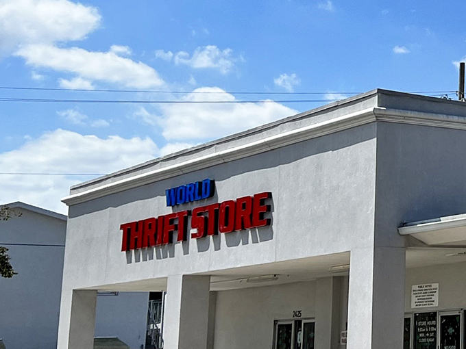 The bold red and blue signage of World Thrift stands out against Florida's clear blue sky&mdash;a beacon for bargain hunters with big dreams and small budgets.