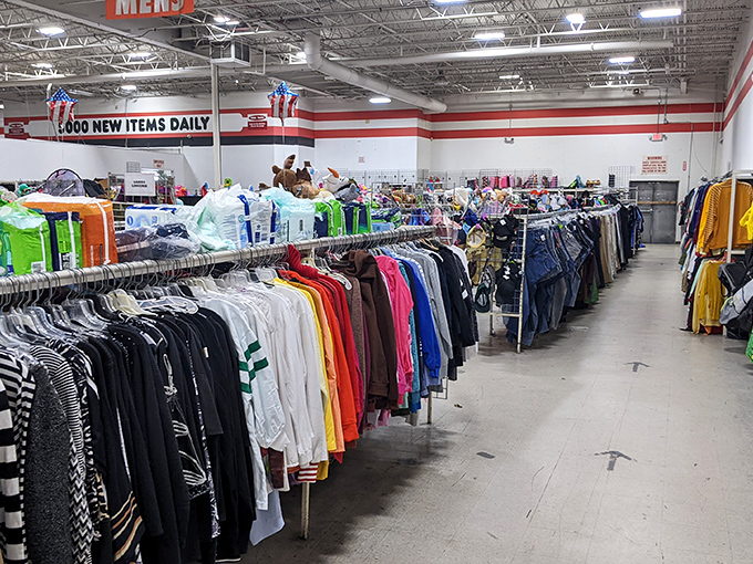 Inside the men's section, where 5,000 new items arrive daily. One shopper's castoff dress shirt is another's job interview confidence booster.