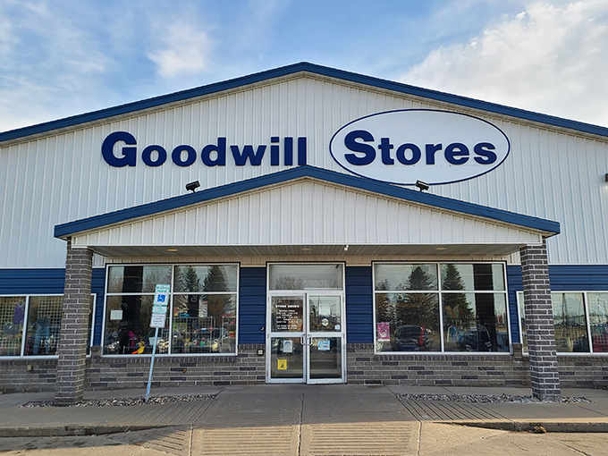 The blue and white exterior of Grand Forks Goodwill beckons like a siren song to bargain hunters across North Dakota.