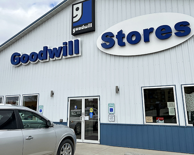 The iconic blue and white facade of Jamestown's Goodwill beckons like a siren song to bargain hunters. Treasure awaits behind those unassuming doors!