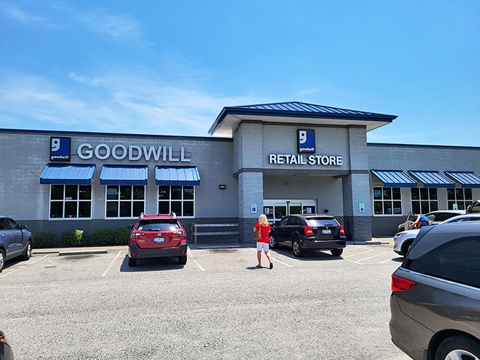 The blue awnings of Palmetto Goodwill beckon like a retail oasis in Myrtle Beach, promising air conditioning and bargains—the perfect South Carolina double feature.