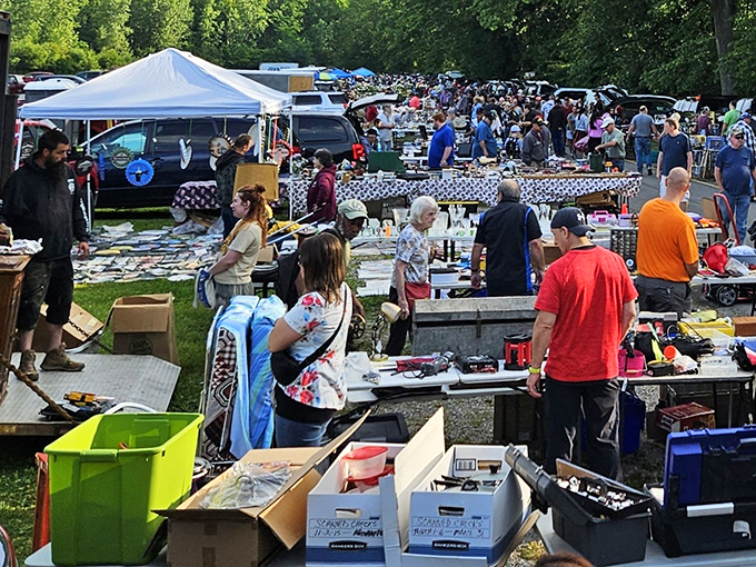 The treasure hunter's paradise in full swing. Rows of vendors and bargain-seekers create that unmistakable flea market energy at Jamie's.