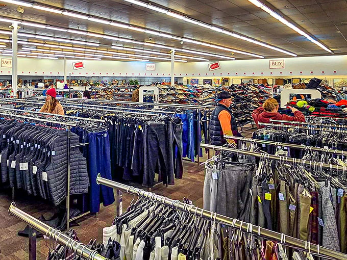 The iconic red shield welcomes bargain hunters to this brick-faced treasure trove where thirty bucks can transform your wardrobe, home, or both.