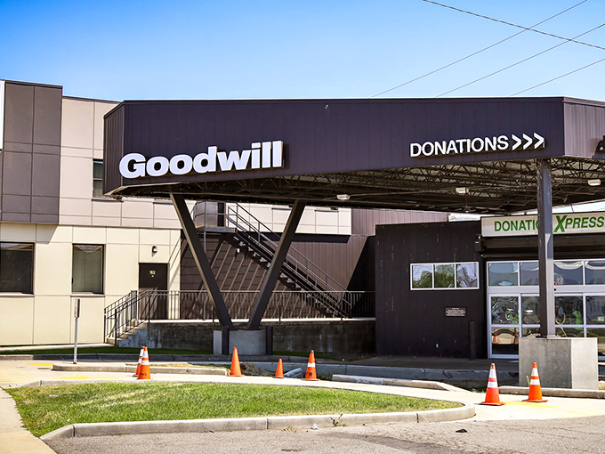 The modern exterior of Goodwill's East 3rd Avenue location beckons bargain hunters with its sleek donation center. Treasure hunting begins at this unassuming entrance.