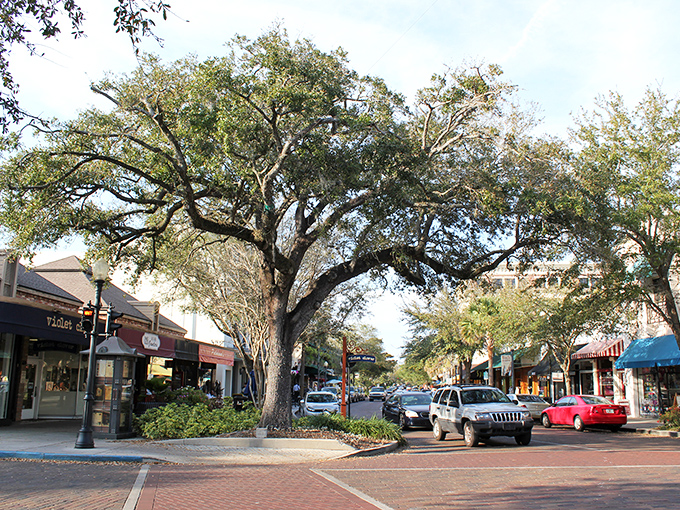 Park Avenue's majestic oaks stand guard over brick-paved streets, creating nature's own air conditioning system for window shoppers and caf&eacute;-goers alike.