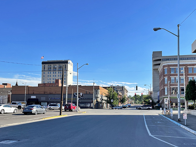 Downtown Ashland greets visitors with wide streets and historic buildings under impossibly blue skies – small-town charm without the traffic headaches.