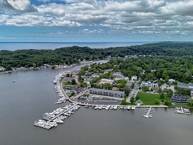 That aerial view hits different when you realize this charming waterfront could actually be your daily reality.