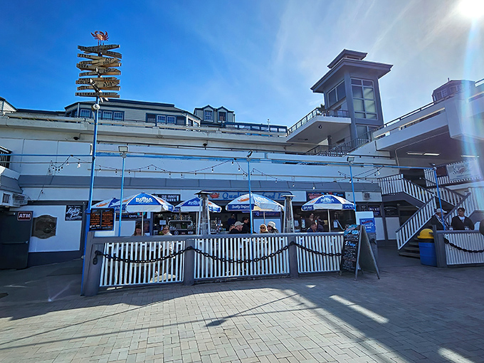 This white-and-blue beacon of seafood excellence stands ready to welcome hungry souls seeking oceanic treasures.
