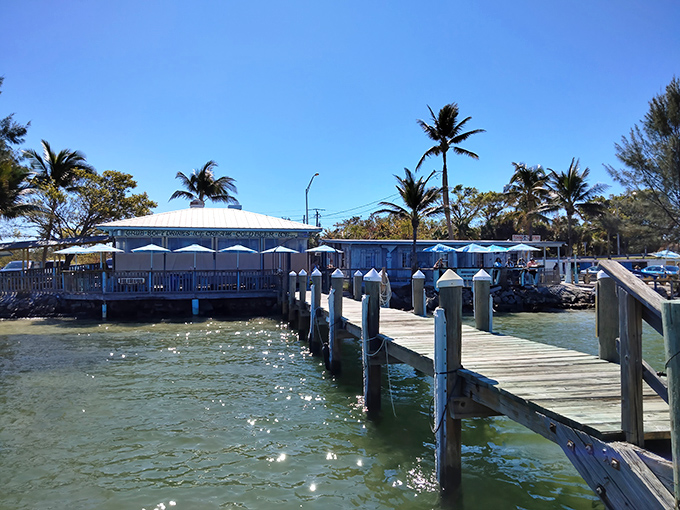 Paradise found: A weathered wooden dock leads to a humble white building where Florida's tastiest secrets hide in plain sight.