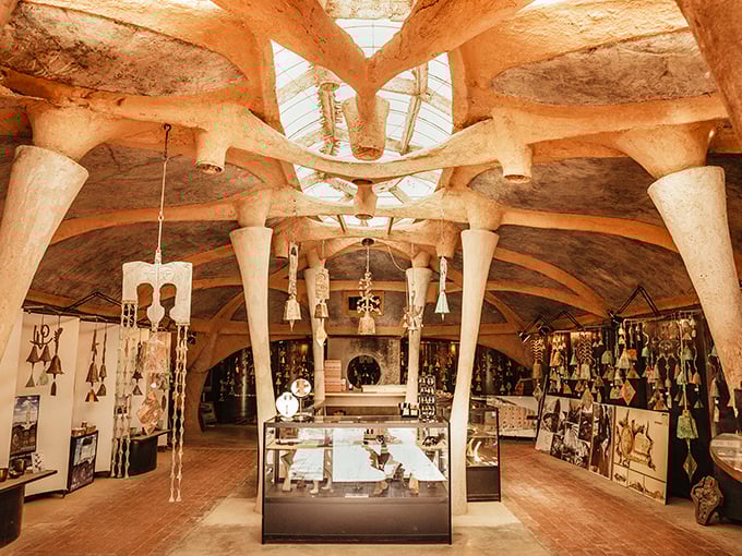 The otherworldly gallery space at Cosanti feels like stepping into a sci-fi movie set where desert architecture meets artistic vision.