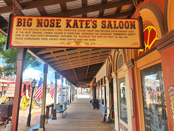 The iconic sign beckons you into Big Nose Kate's Saloon, where the wooden boardwalk practically creaks with tales of Tombstone's rowdy past.