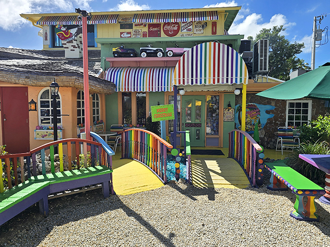 Rainbow dreams come true at The Bubble Room's entrance, where a technicolor bridge welcomes you to what might be the happiest restaurant in Florida.