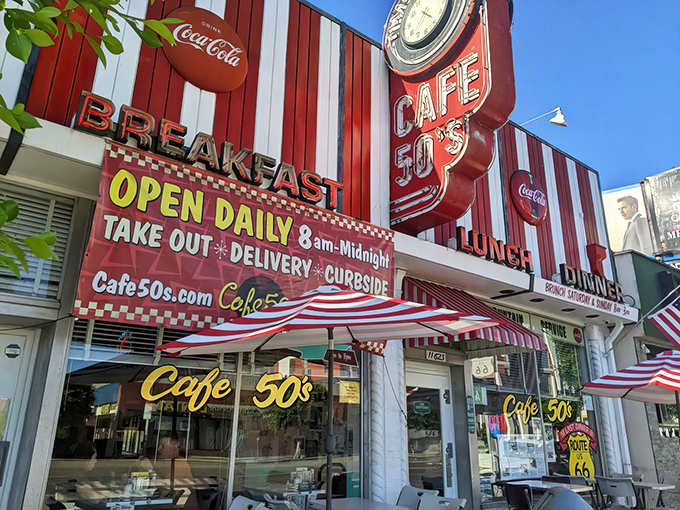 That "Time to Eat" clock isn't kidding around. When hunger strikes, this candy-striped wonderland beckons with promises of comfort food and nostalgia.