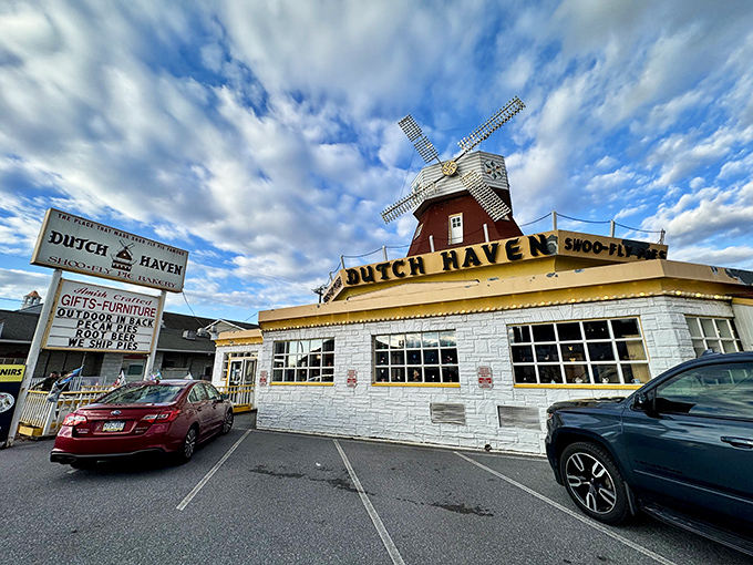 The iconic windmill atop Dutch Haven stands like a beacon for sweet-toothed travelers, promising molasses-laden treasures within those whitewashed walls.