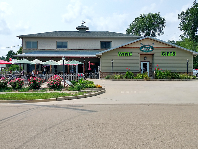 Another angle reveals the charming exterior where many an Illinois day-tripper has surrendered to the siren call of vintage treasures and local wines.