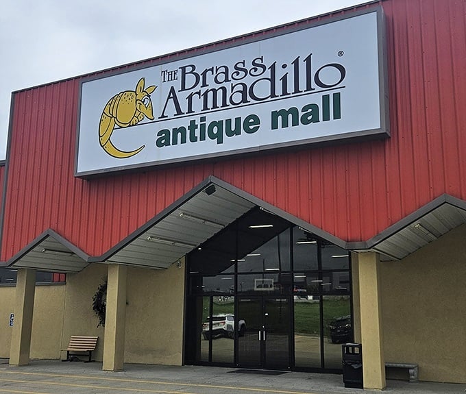 The iconic red exterior of Brass Armadillo beckons treasure hunters with its whimsical armadillo logo. Inside lies a labyrinth of memories waiting to be discovered.