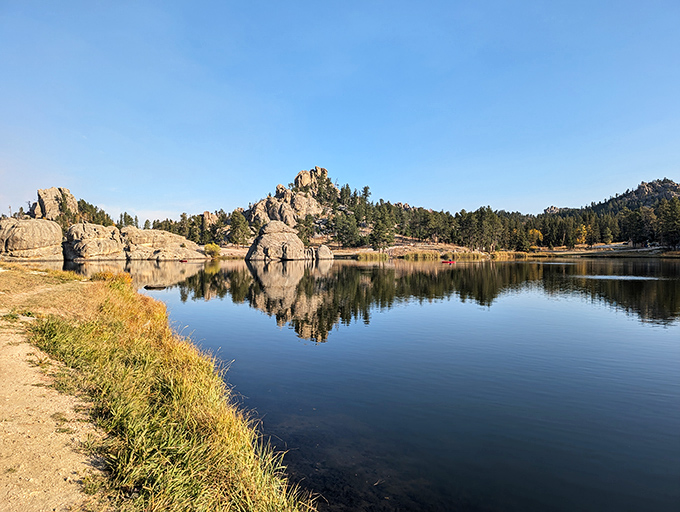 Sylvan Lake's mirror-like waters perfectly reflect the granite spires, creating nature's own Instagram filter before filters were even a thing.