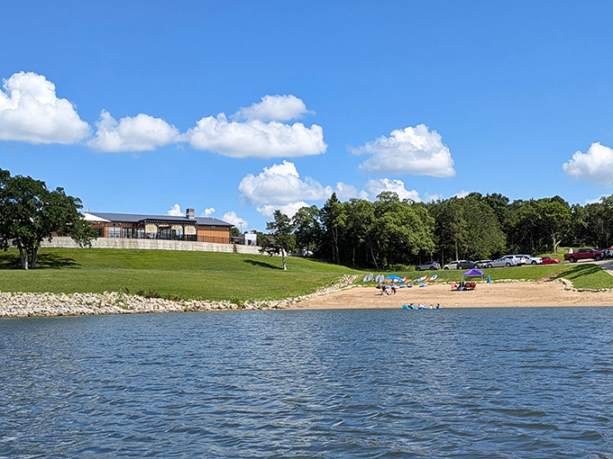 The beach at Milford State Park offers that perfect combination of relaxation and recreation. Blue waters meet golden sands while a modern facility stands ready to welcome visitors.
