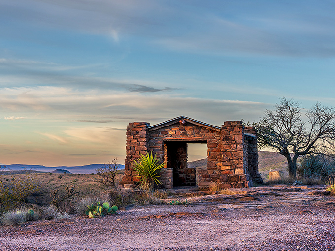 Stone shelter standing sentinel at sunset, where the CCC's handiwork frames nature's masterpiece. Texas doesn't just go big&mdash;it goes beautiful.