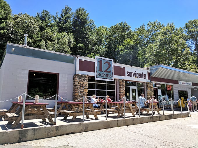 Find a friendly table outside 12 Bones Smokehouse! This legendary North Carolina spot is ready to welcome you.