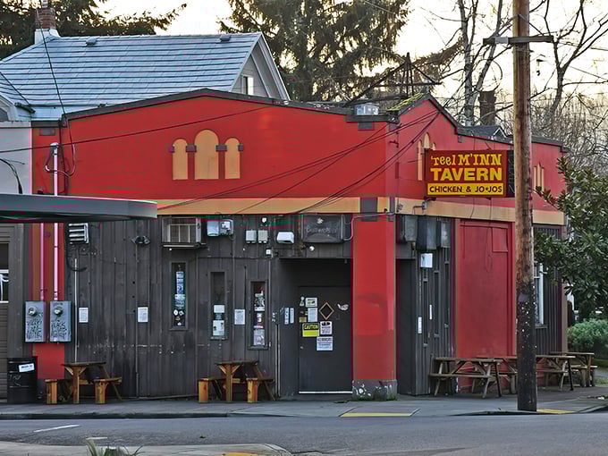 The unassuming red exterior of Reel M Inn stands like a time capsule on Division Street, promising chicken worth every minute of the legendary wait.
