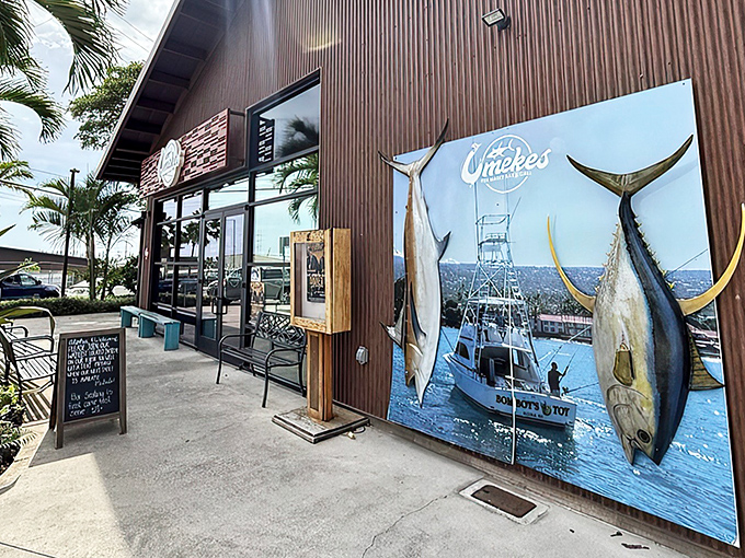 Umekes' exterior tells a story before you even step inside &ndash; rustic wooden panels, swaying palms, and a mural showcasing the day's catch journey from boat to plate.