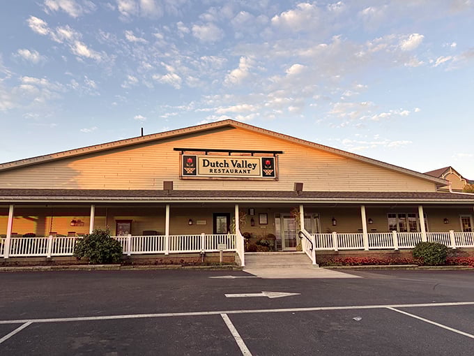 Welcome to the friendly porch of Dutch Valley Restaurant in Sugarcreek, Ohio! Come on in for a delicious, hearty meal.