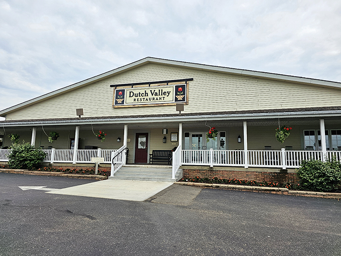 The welcoming facade of Dutch Valley Restaurant stands like a beacon of comfort food promise in Ohio's Amish Country.