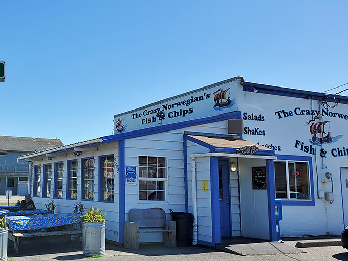 The blue-trimmed coastal charm of The Crazy Norwegian's beckons like a lighthouse for hungry travelers on Highway 101. No pretension, just seafood perfection waiting inside.