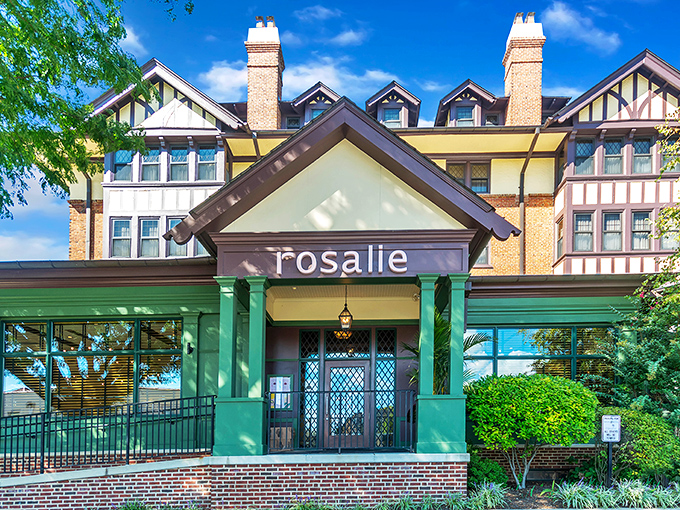 Rosalie's Tudor-style exterior with its distinctive green portico promises an Italian adventure without the passport hassle.