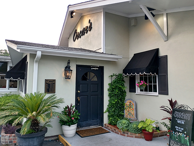 The charming exterior of Oscar's welcomes you like an old friend, complete with lush greenery and that iconic navy blue door that practically whispers "come on in."
