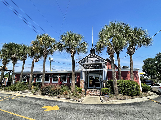 Palm trees stand guard at this red-hued barbecue sanctuary, where South Carolina's mustard-based tradition has been drawing devoted pilgrims for generations.